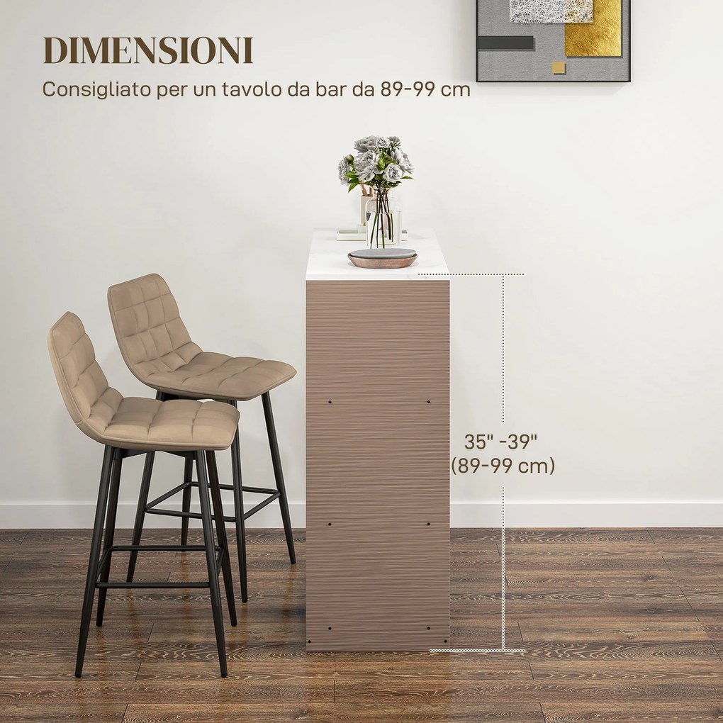 HOMCOM Sada 2 vysokých barových stoliček v nordickém stylu s opěradlem a podnožkou, látka s efektem sametu a kovové stoličky, 45x47x84 cm, hnědá