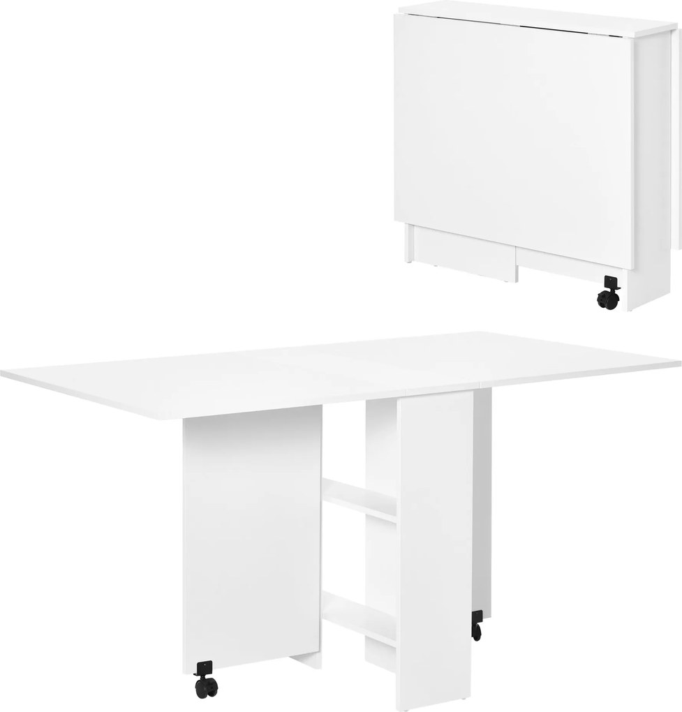 HOMCOM Skládací Jídelní Stůl s Kolečky, Sklopné Křídla a Police pro 4-6 Osob 75x140x74 cm Bílý | Aosom