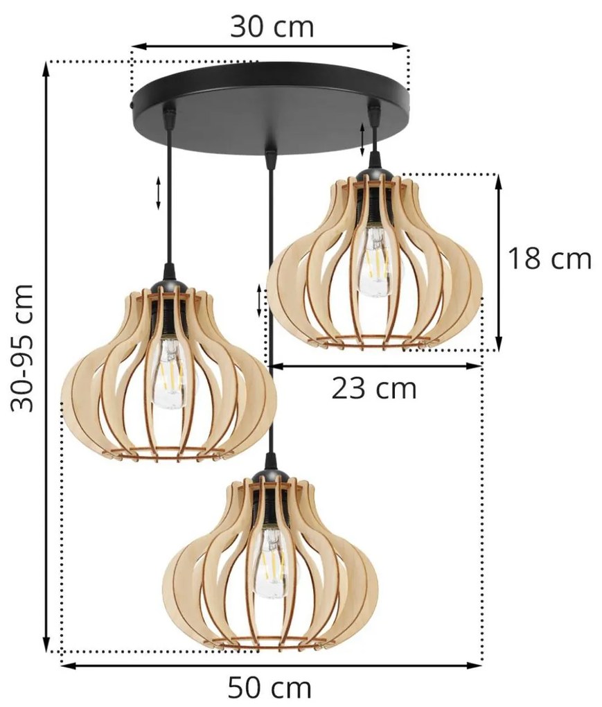 Závěsné svítidlo TIMBER 3, 3x dřevěné stínítko, O