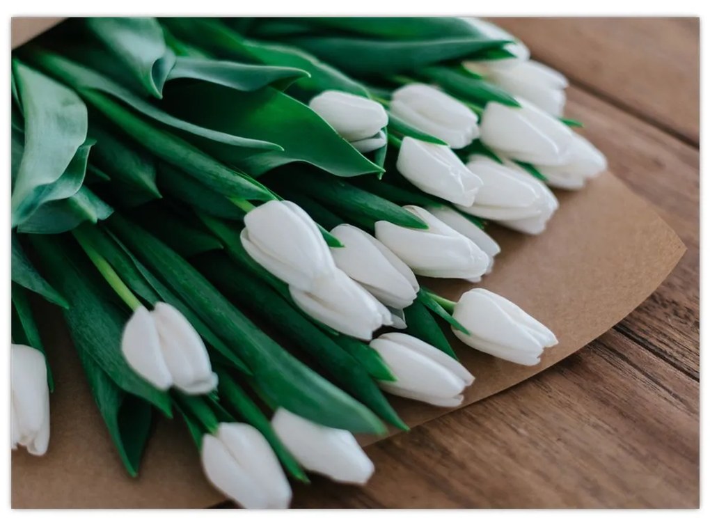 Skleněný obraz kytice bílých tulipánů (70x50 cm)