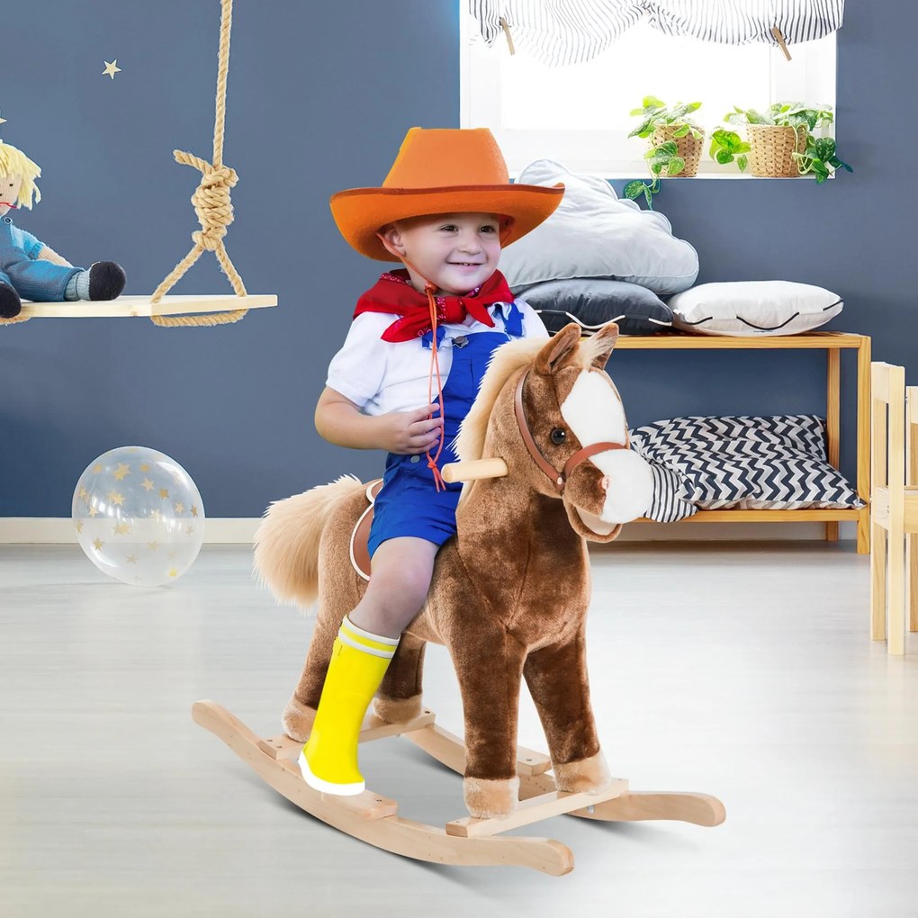 HOMCOM plyšový houpací kůň hnědý houpací zvířátko pro děti D74xŠ33xV62cm, bezpečná hračka do interiéru i exteriéru