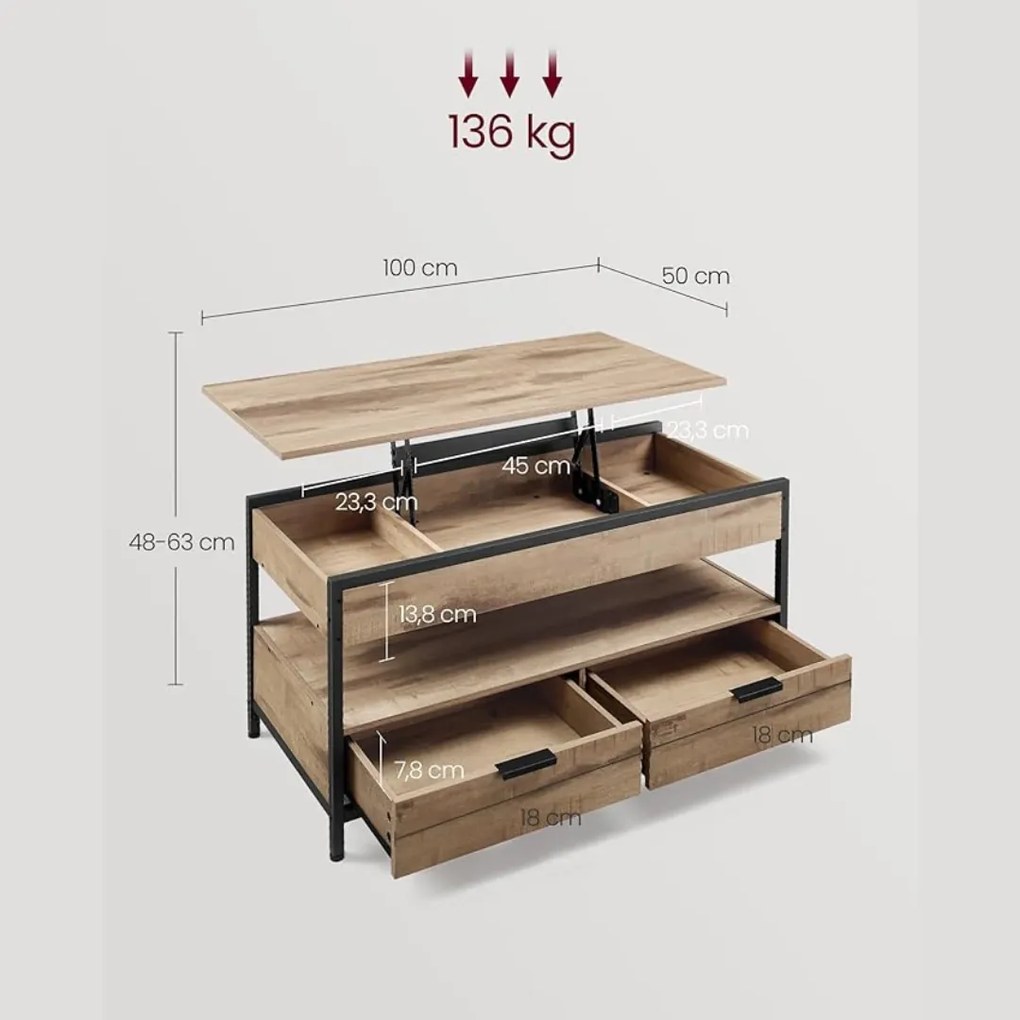 Výškově nastavitelný konferenční stolek GASPAR, 50x100x(48-63)cm, camel hnědá/černá Vasagle