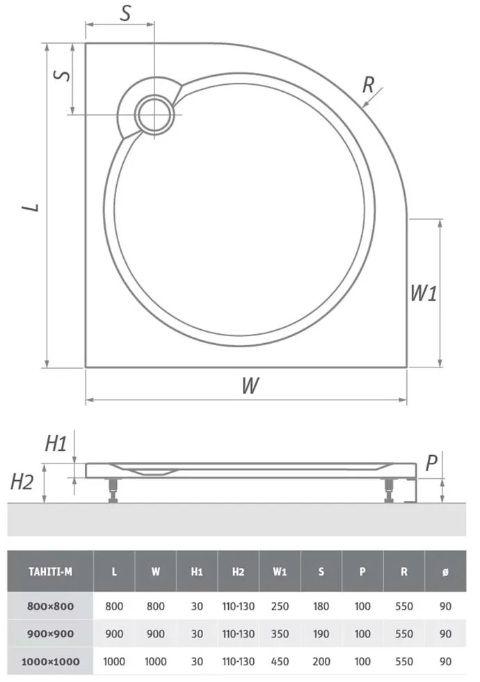 Roth Čtvrtkruhová sprchová vanička z litého mramoru TAHITI-M Varianta: rozměry: 80x80 cm - (TAHITI-M 800 - 8000064)