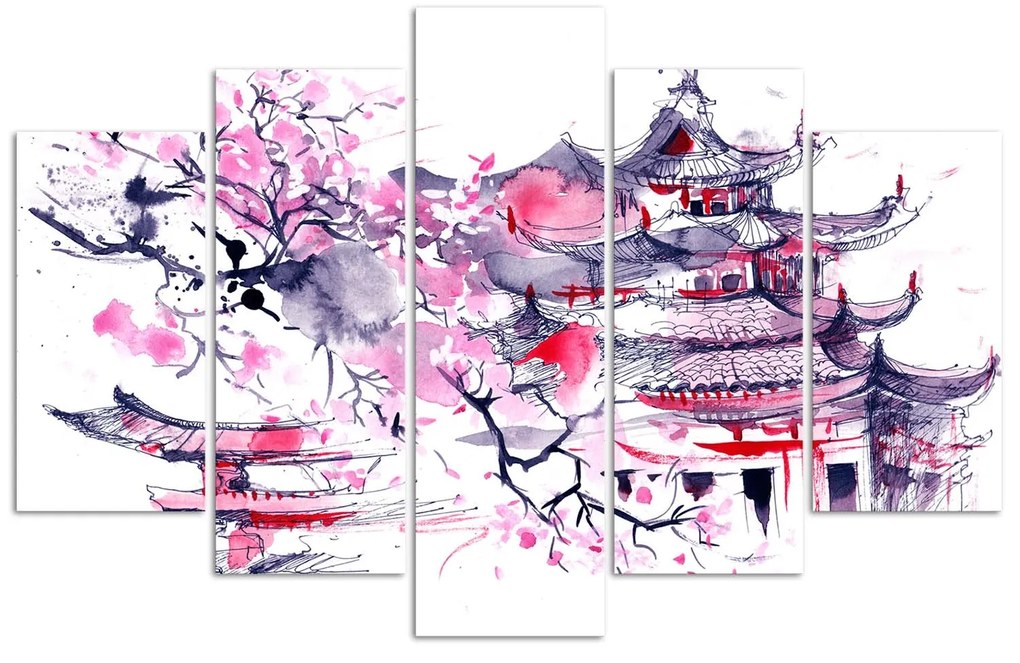 Gario Obraz na plátně Japonská pagoda a třešňový květ - 5 dílný Rozměry: 100 x 70 cm