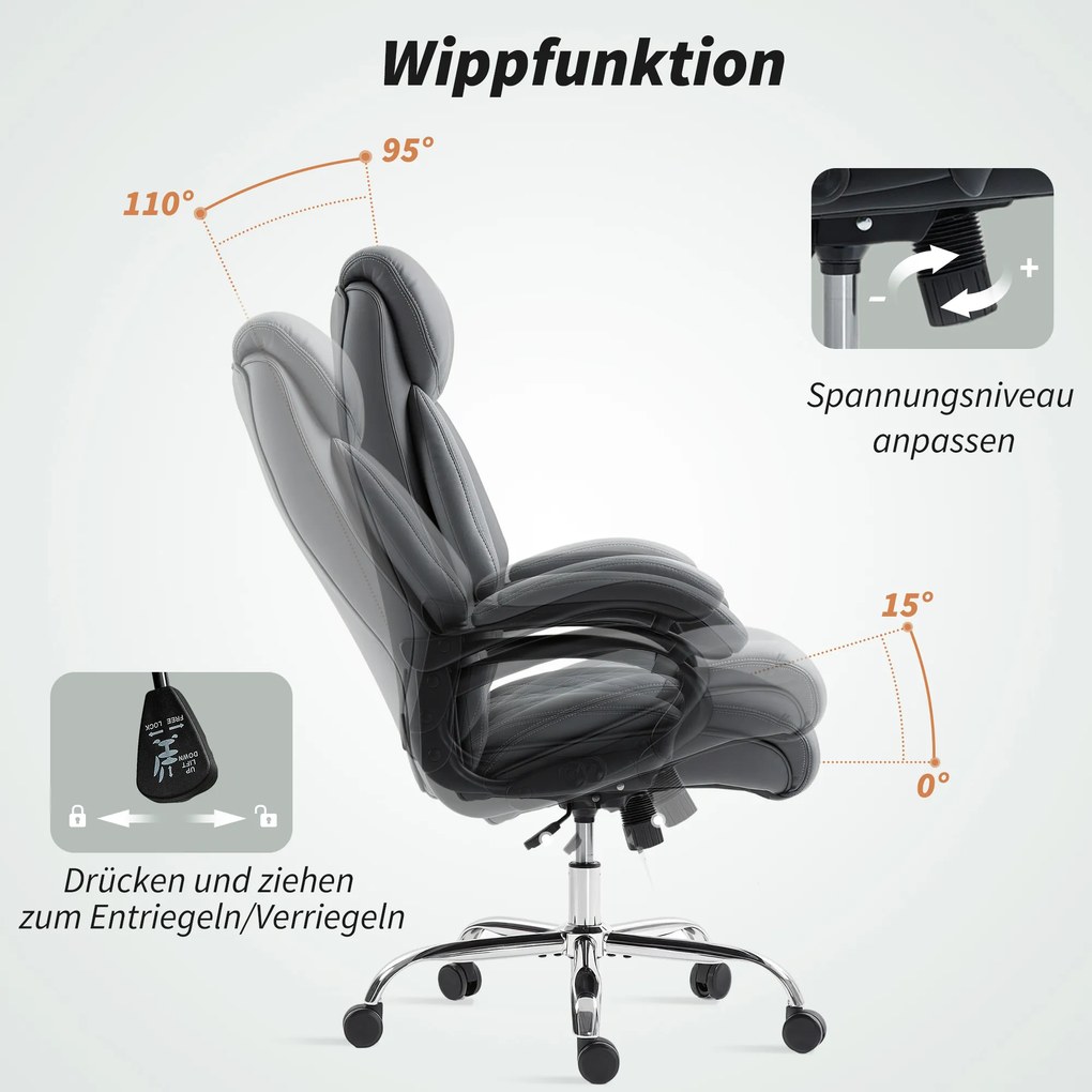 Kancelářské křeslo HOMCOM pro vysoké a silné uživatele (Big & Tall) – PU kůže, pružinový sedák, tiché kolečka, vysoké opěradlo, výškově nastavitelné,…
