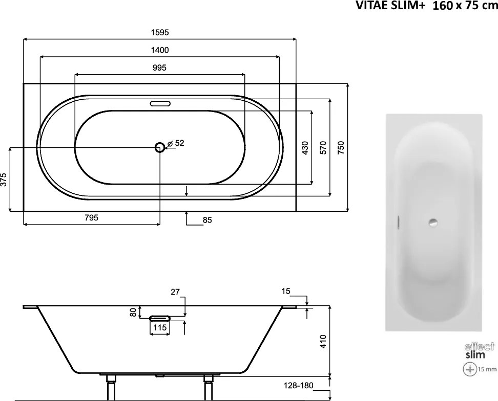 Besco Vitae Slim+ obdélníková vana akrylátová 160 x 75 cm s nožičkami sifon bílá barva bílá VANVIT16SLIMPLW+OLVPINOZ