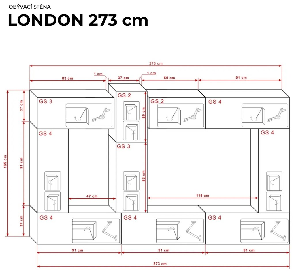 Ral Obývací stěna LONDON 1, 273 cm - Černý lesk