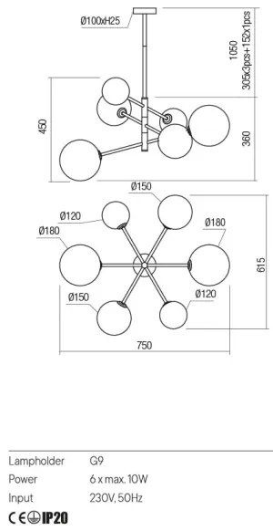 Redo 01-2780 - Lustr na lanku ROY 6xG9/10W/230V