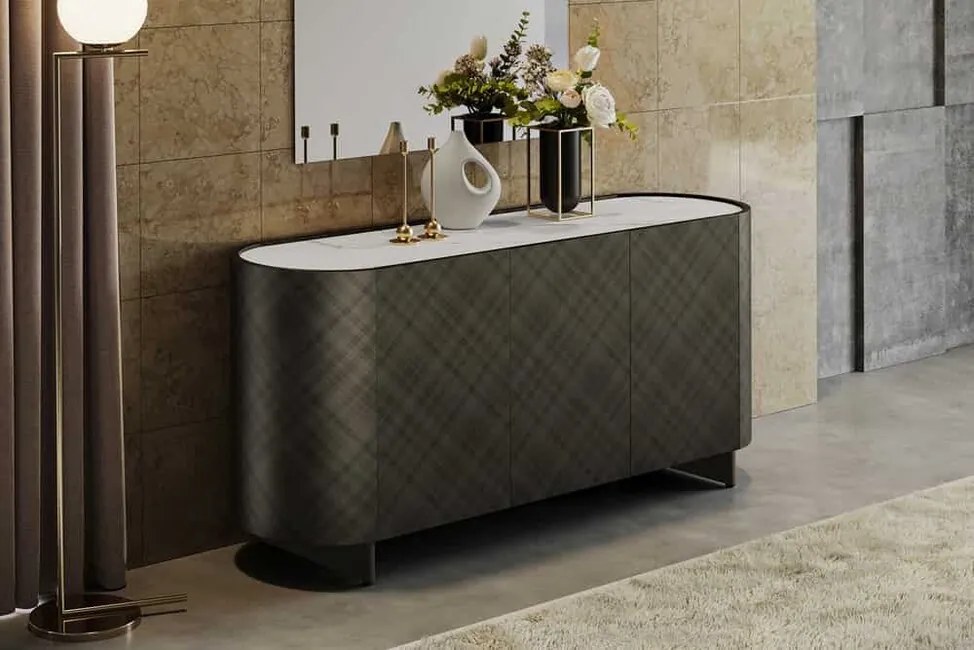 Designová komoda Rimini s antracitovým 3D efektem a keramickou deskou 150cm
