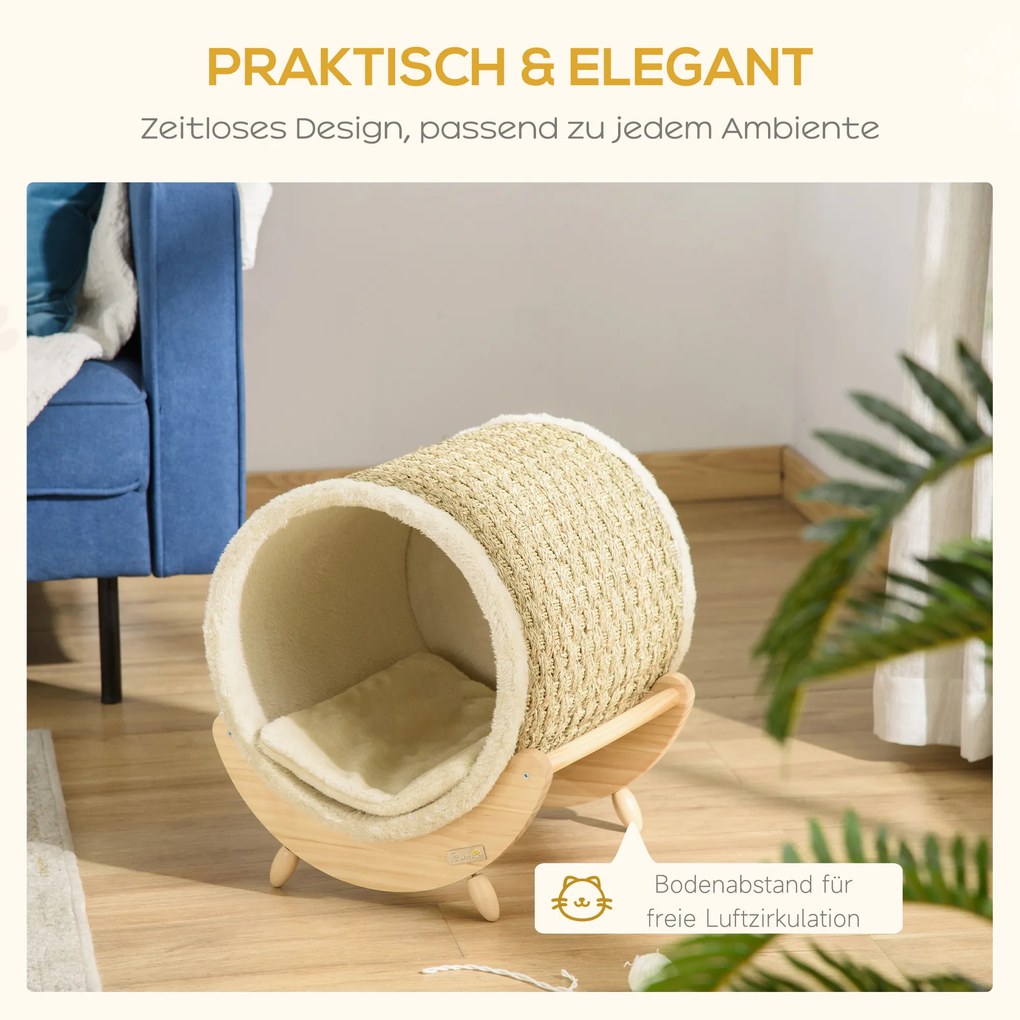 PawHut Kočičí Doupě Kočičí Postel s Policí Kočičí Domek s Škrabacím Padem Vnitřní Borové Dřevo Flanel Khaki+Přírodní Béžová 41 x 38 x 43 cm