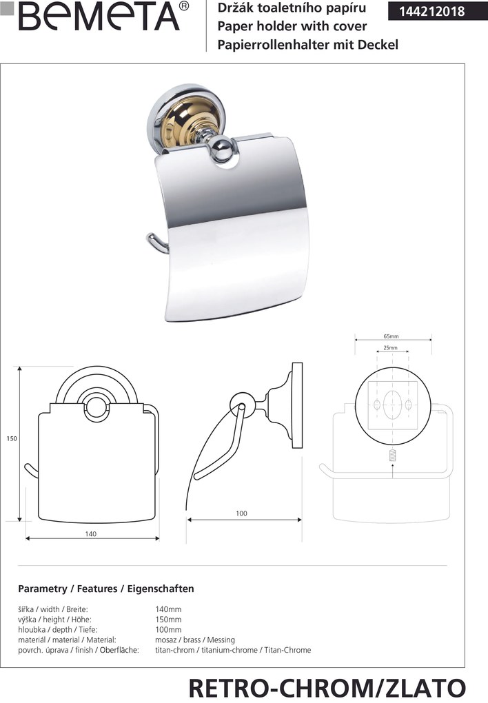 Bemeta Design RETRO gold-chrom: Držák toaletního papíru s krytem -