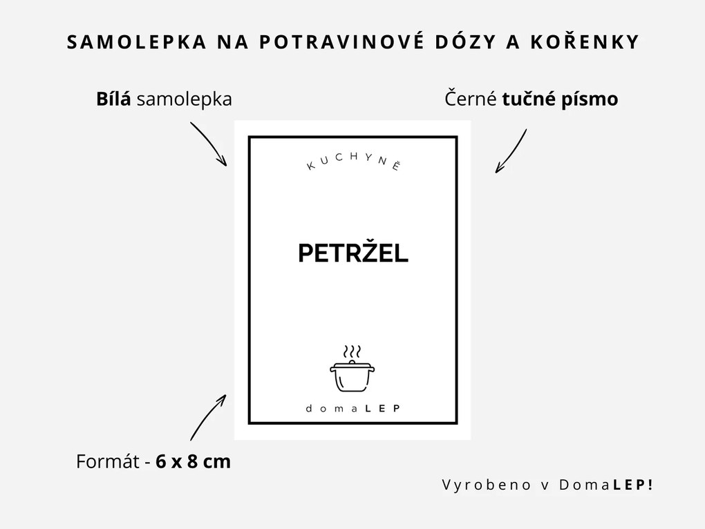 PETRŽEL - omyvatelná samolepka na kořenky, výběr rozměrů Ø 5 cm / 5 x 5 cm / 6 x 8 cm | DomaLEP tvar: ČTVEREC, barva: BÍLÁ - ČERNÉ písmo, velikost: š. 5 cm x v. 5 cm - tučné písmo