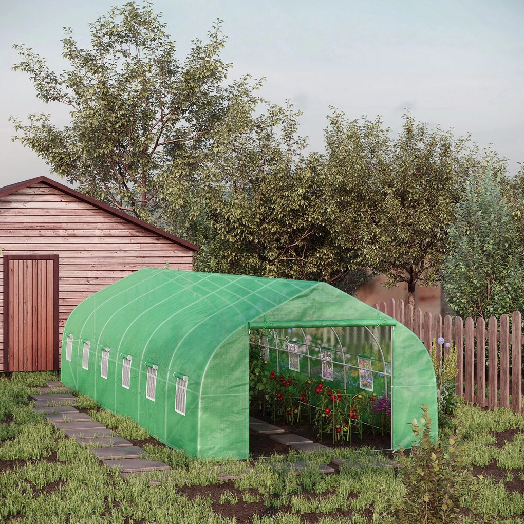 Outsunny Zahradní Greenhouse Tunel 8x3x2 m se 12 Okny a Rolovacím Dveřmi pro Pěstování Rostlin Rajčat a Zeleniny - Ocel a PE 140 g/m² Zelená