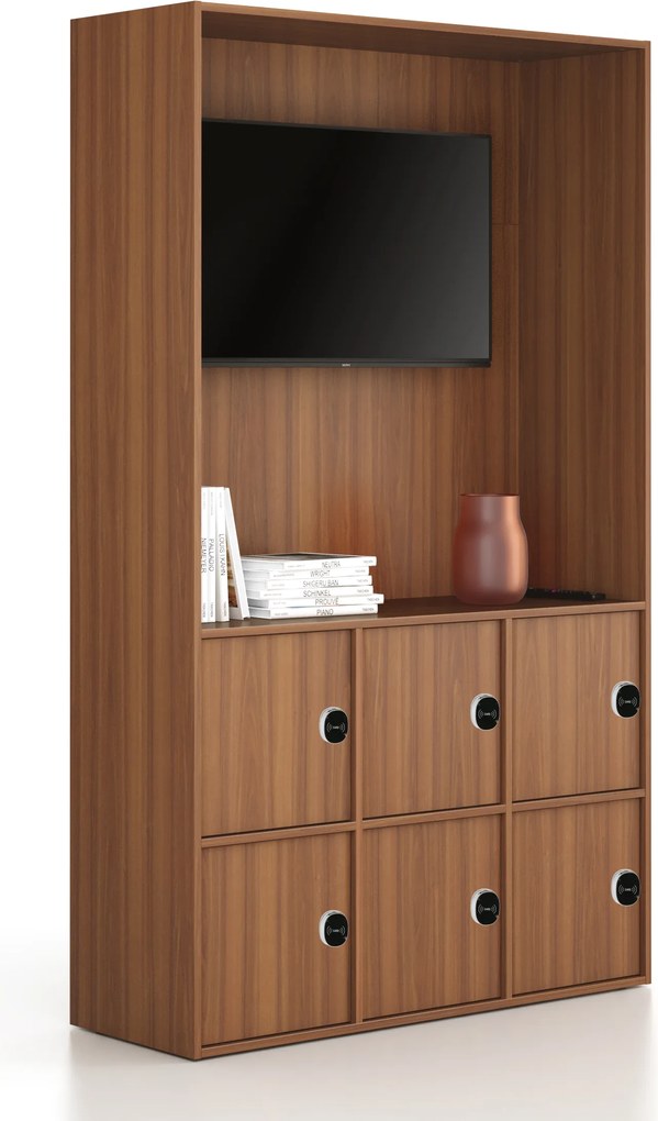 Kancelářská skříň FRAME, 6x dveře, prostor pro TV, 1299 x 450 x 2162 mm, RFID zámek, ořech
