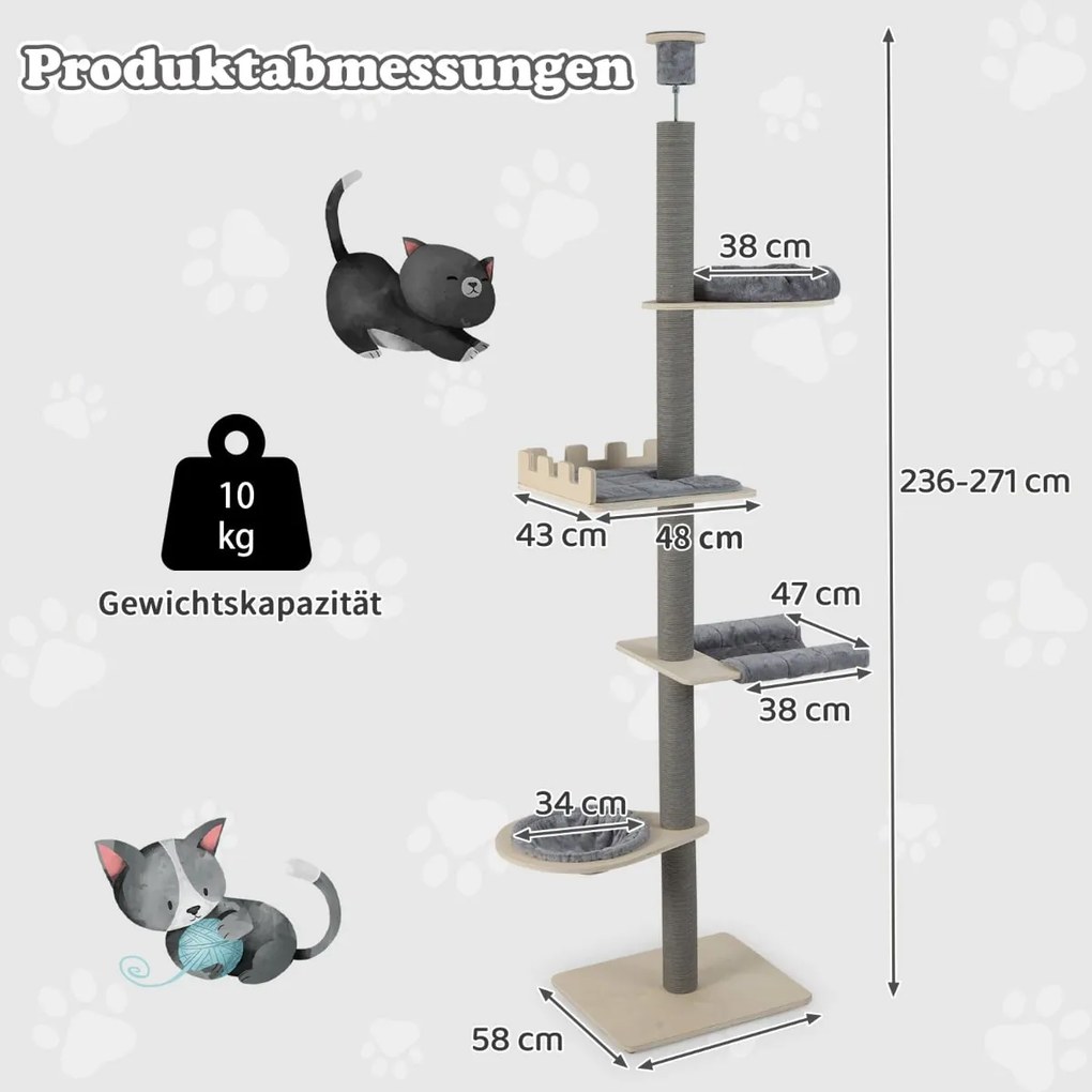Costway 236-271 cm vysoké stropní škrabadlo s houpací sítí a košem a postelí