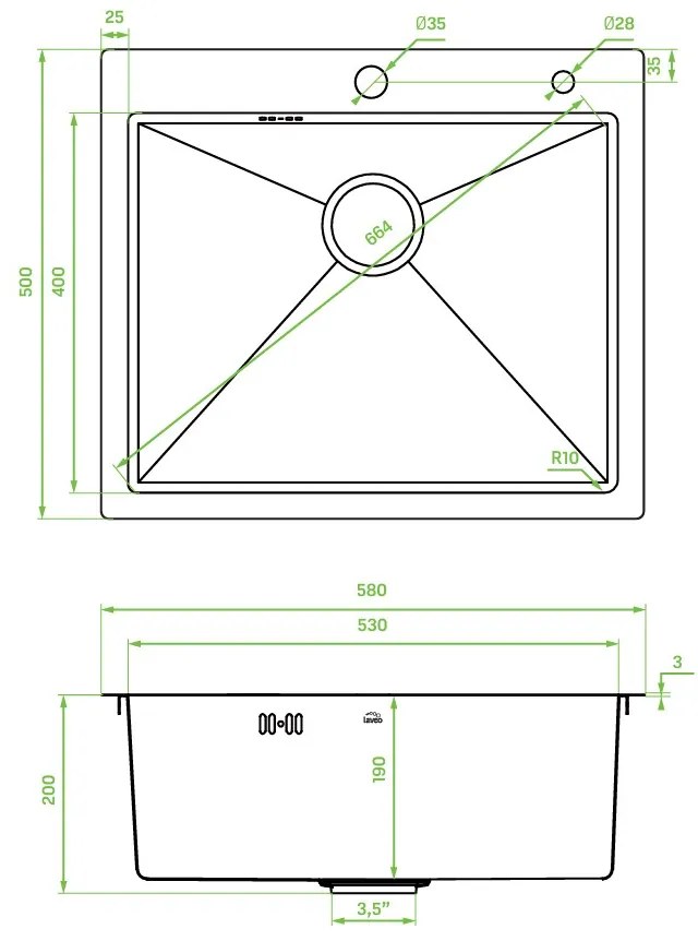 Laveo Malawi, 1-komorový nerezový dřez 580x500x200 mm, černá, LAV-SLM_710H