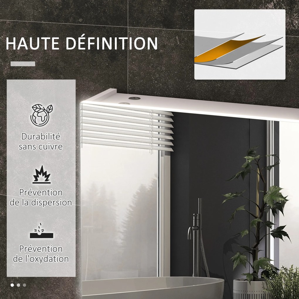 Kleankin nástěnná zrcadlová skříňka s LED osvětlením pro koupelnu 2-v-1, rozměry 90D x 15Š x 70V cm