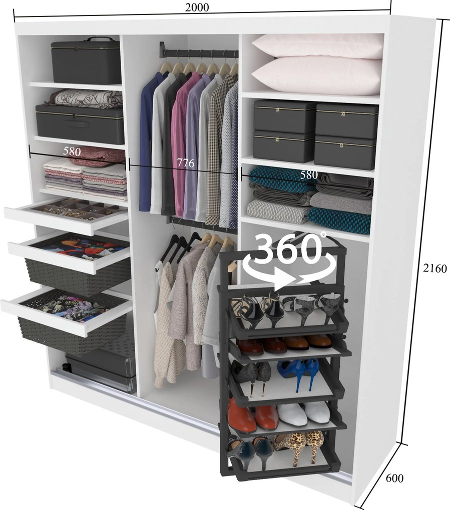 Šatní skříň SERENITY 200 cm Belini bílý mat /šedý mat s posuvnými dveřmi a zrcadlem  MT SERENITY SZP5/0/W/SR/0/HIAL