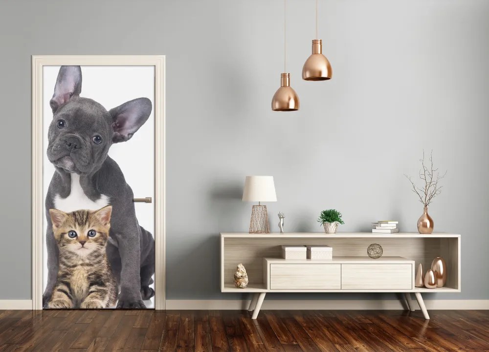 Samolepící fototapeta na dveře Pes a kočka 95x205 cm