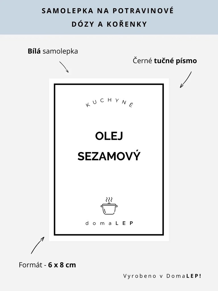 Samolepka na láhev OLEJ SEZAMOVÝ – bílá, 6 x 8 cm, tučné písmo