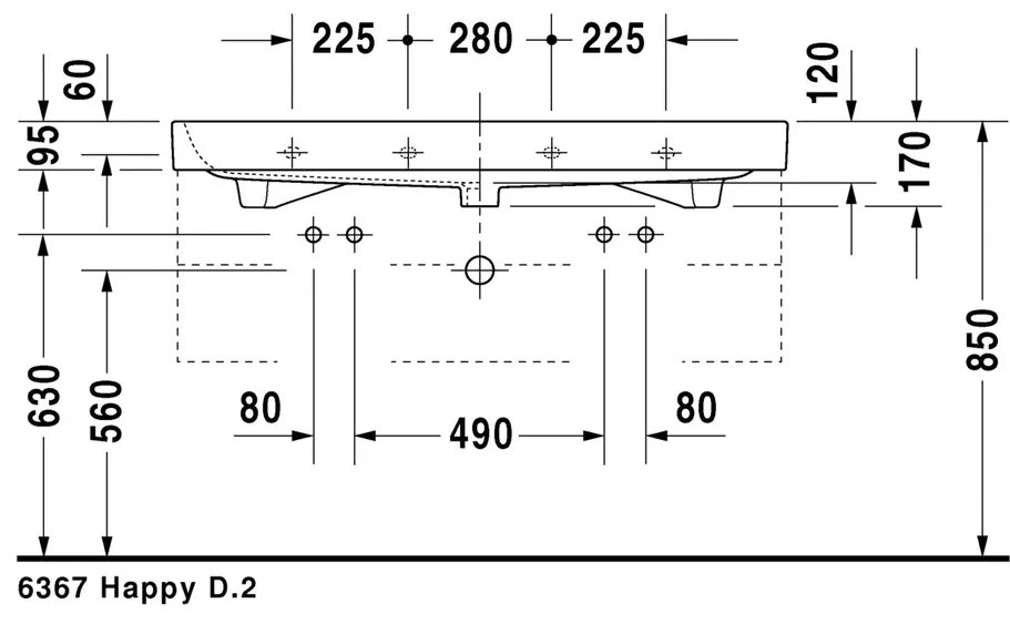 Duravit Happy D.2 - Umyvadlo do nábytku, 2 otvory ve velkém rozestupu propíchnuté, 1200 x 505 mm, bílé 2318120024