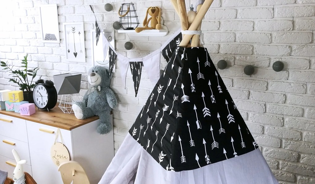 Dětský stan TEEPEE (TÝPÍ) ŠÍPY s doplňky - šedý/černý