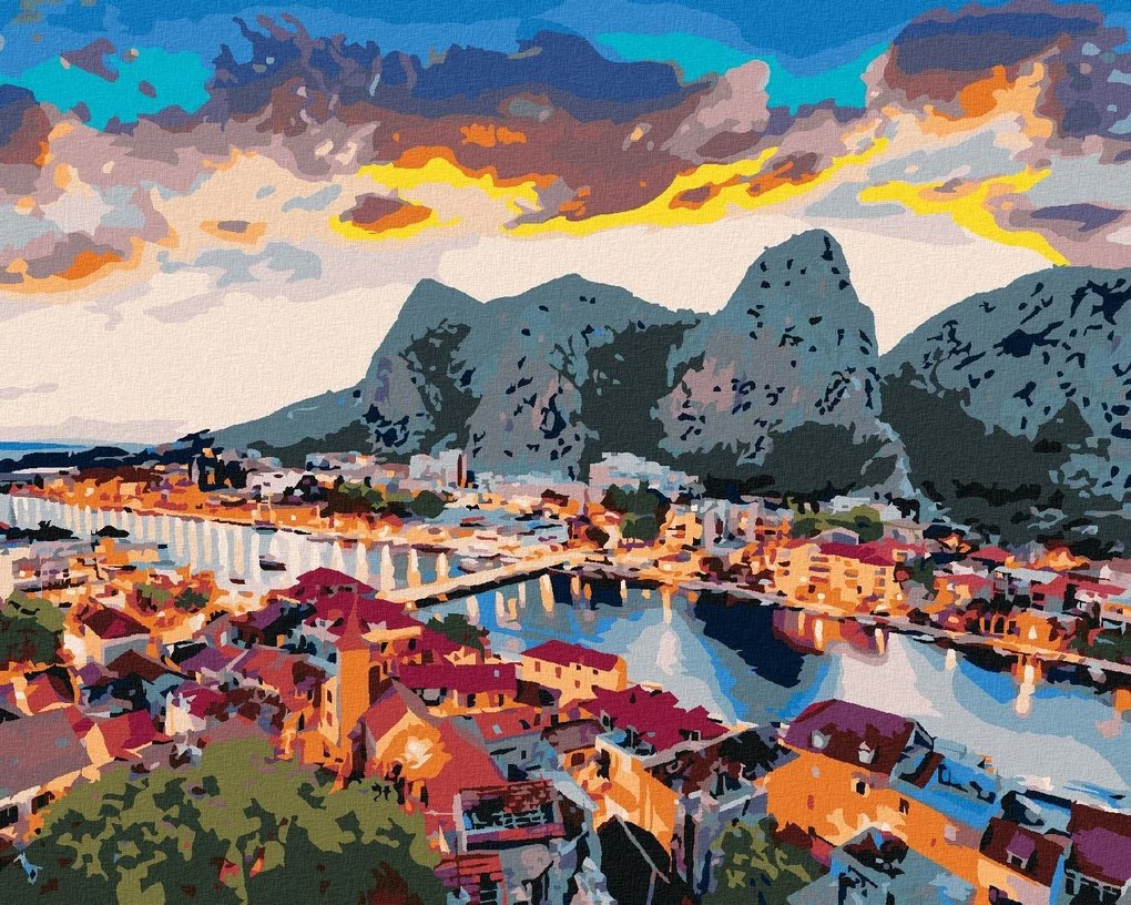 zuty zuty - malování podle čísel - večerní panorama města omiš, 40x50 cm, plátno+rám