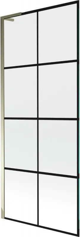 Mexen Next L, 1-křídlová vanová zástěna 80 x 150 cm, 6mm čiré sklo-černý vzor, zlatý lesklý profil, 895-080-000-03-77-50