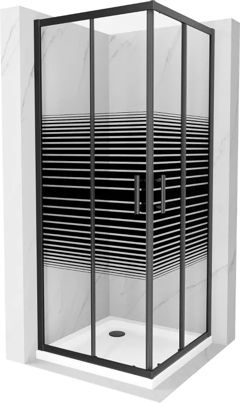 Mexen Rio, čtvercový sprchový kout 80(dveře)x80(dveře)x190 cm, 5mm čiré sklo-vzor pásky, černý profil + bílá sprchová vanička SLIM, 860-080-080-70-20-4010B