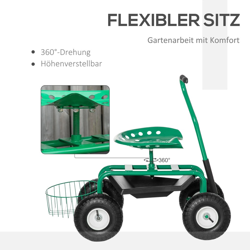 Zahradní vozík Outsunny, dílenský vozík, zahradní sedačka s otočným sedadlem, úložný koš, výškově nastavitelný, nosnost 150 kg, zelený, 81 x 44,5 x 4…