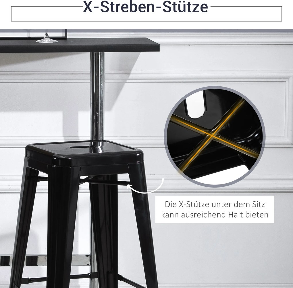 HOMCOM Set 4 stohovatelných barových židlí s opěrkou nohou, výška sedáku 76 cm, černý kov