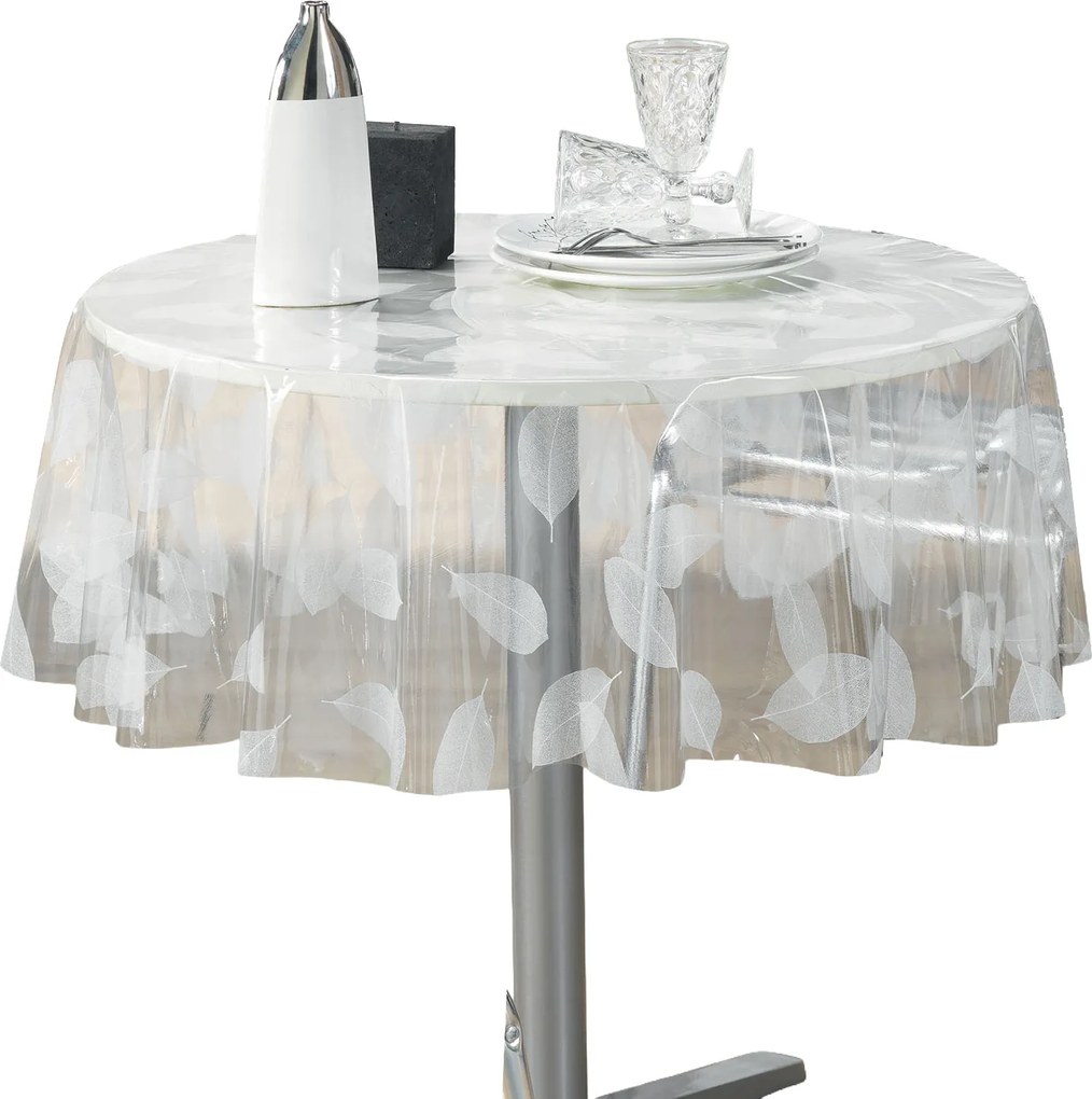 Kulatý průhledný ubrus FEUILLE WHITE, Ø 140 cm, motiv listů