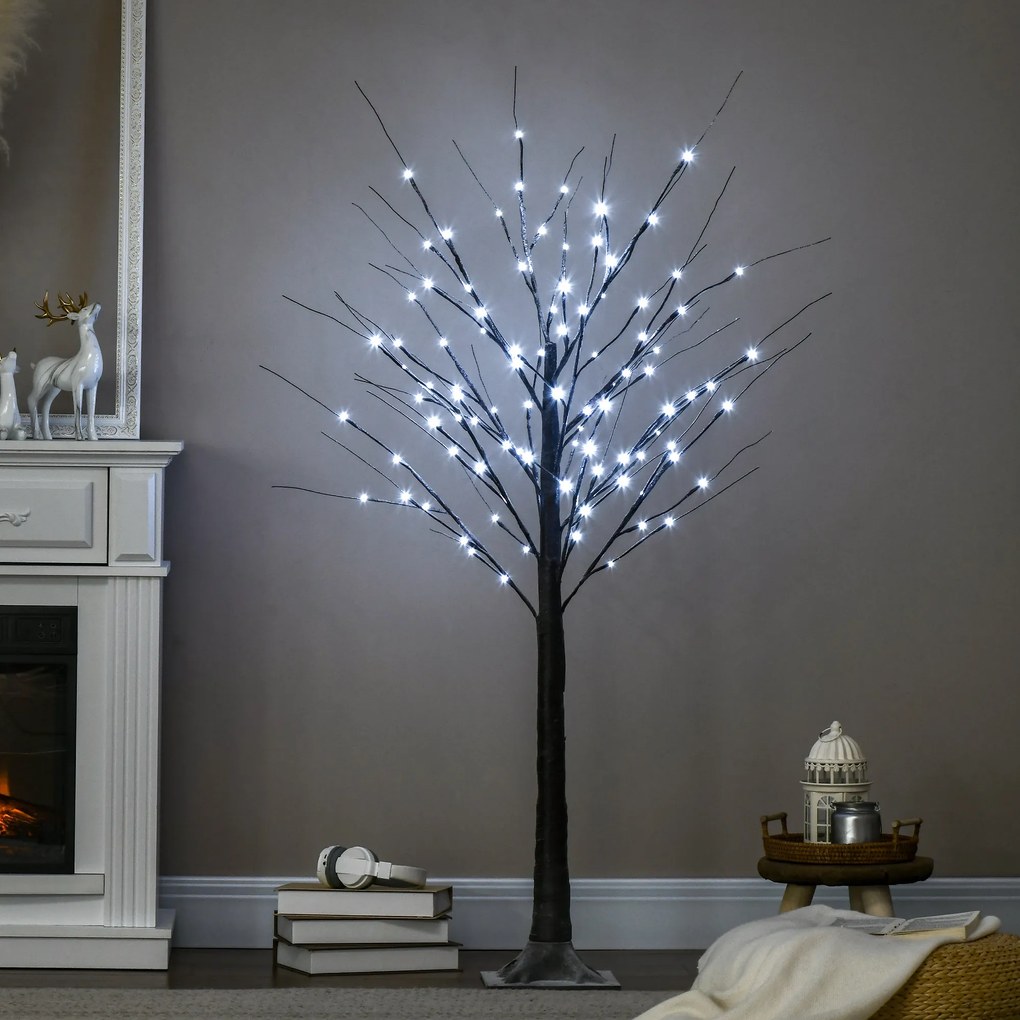 HOMCOM 150 cm umělý březový stromek s 96 LED světly a umělým sněhem pro vánoční výzdobu a oslavy, ideální na večírky, svatby