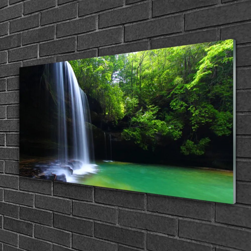Obraz na skle Vodopád Příroda Les Jezero 120x60 cm