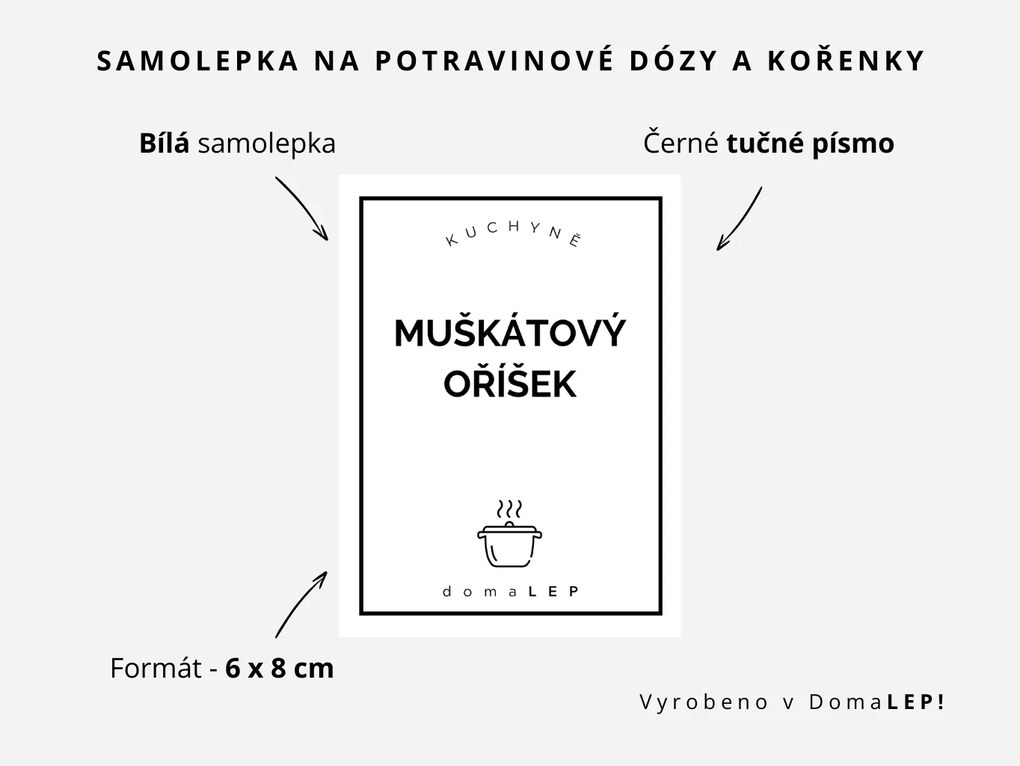 MUŠKÁTOVÝ OŘÍŠEK - omyvatelná samolepka na kořenky, výběr rozměrů Ø 5 cm / 5 x 5 cm / 6 x 8 cm | DomaLEP tvar: KOLEČKO, barva: BÍLÁ - ČERNÉ písmo, velikost: Ø 5 cm - tučné písmo