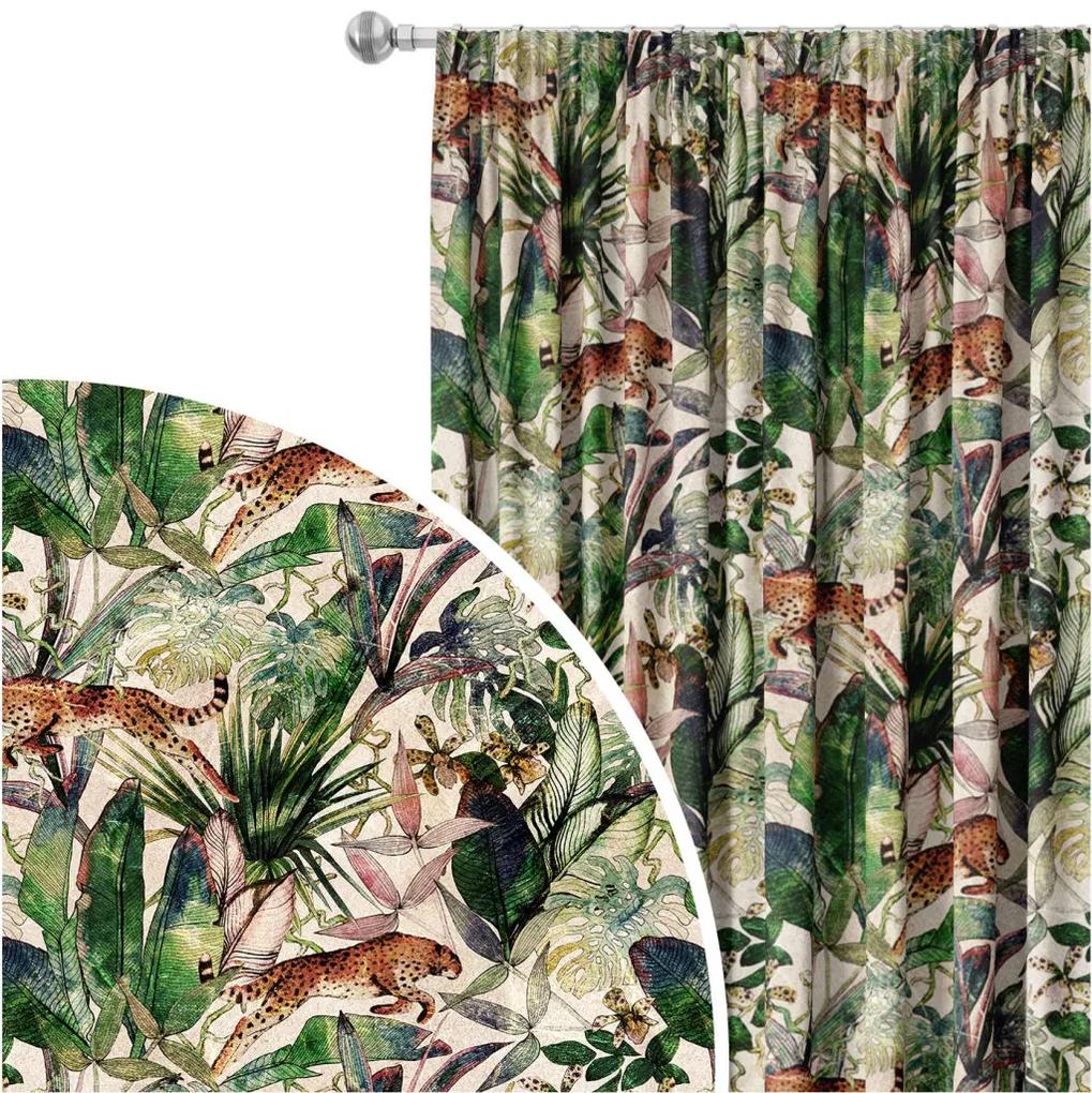 Záclona na žabky Pergamenová savana - tropická flóra a gepardi na béžovém pozadí