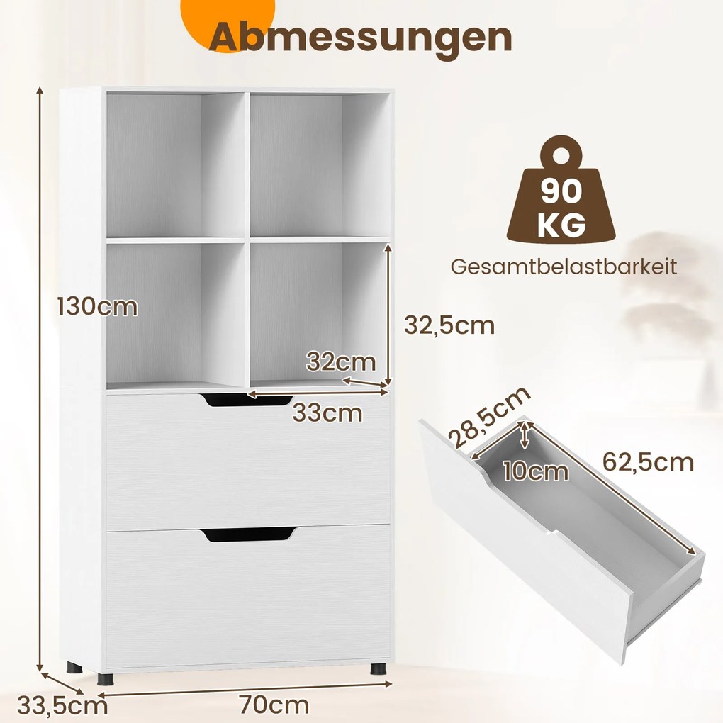 Costway 4-kostková knihovna s 2 zásuvkami 130 cm 5-patrová volně stojící police