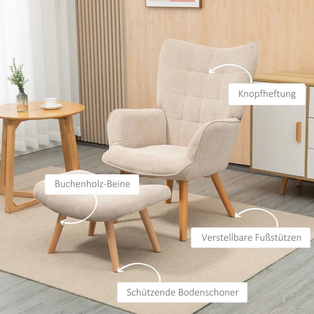 HOMCOM křeslo s taburetem polohovací křeslo čalouněné křeslo manšestrový vzhled lounge křeslo dřevěné nohy TV křeslo béžové do obývacího pokoje