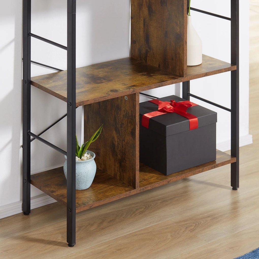 HOMCOM 4-patrová knihovna s 8 úložnými prostory v industriálním stylu pro obývací pokoj, kancelář, ložnici 74x30x157,5 cm Rustikální hnědá