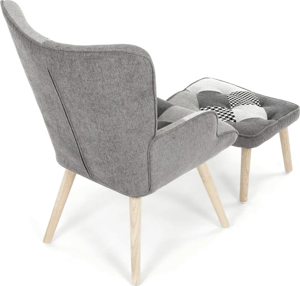 Relaxační křeslo ušák s podnožkou LYRO - šedá patchwork látka