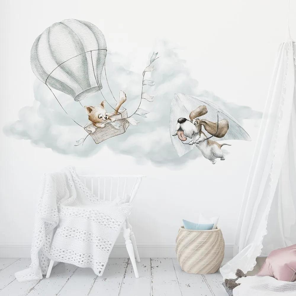 Gario Dětská nálepka na zeď Adventure in the sky - kočka v balónu a pejsek na rogalu Rozměry: 170 x 94 cm