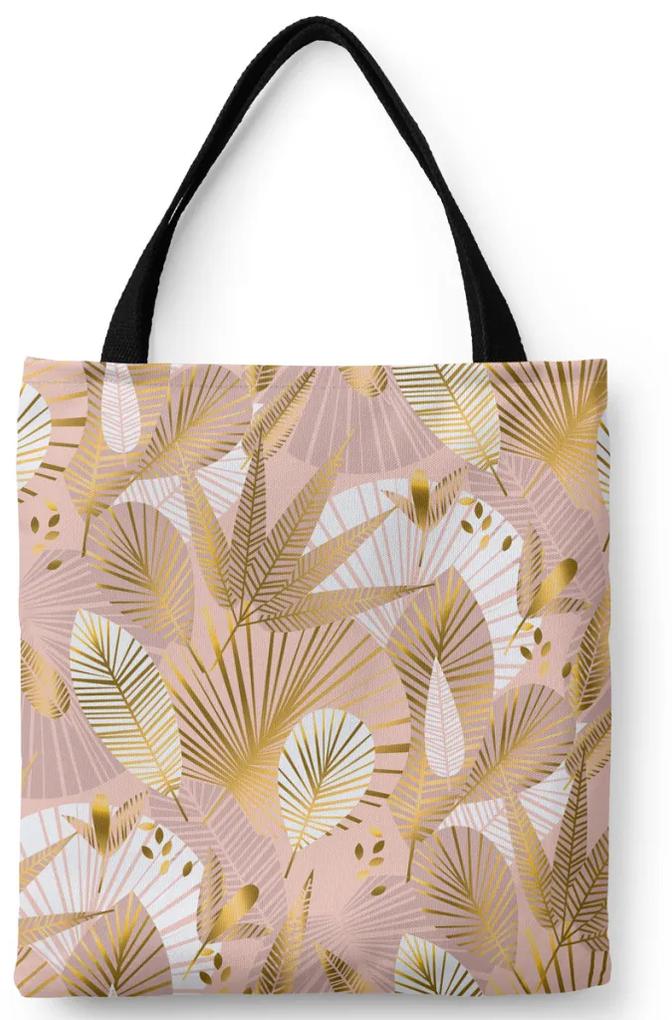 Nákupní taška Minimalistické listy - rostlinný motiv ve zlaté barvě na růžovém pozadí