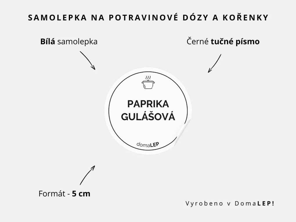 PAPRIKA GULÁŠOVÁ - omyvatelná samolepka na kořenky, výběr rozměrů Ø 5 cm / 5 x 5 cm / 6 x 8 cm | DomaLEP tvar: OBDÉLNÍK, barva: BÍLÁ - ČERNÉ písmo, velikost: š. 6 cm x v. 8 cm – základní písmo