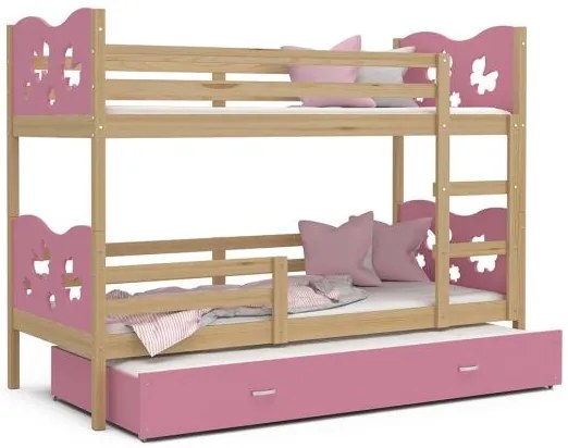 DOBRESNY Dětská patrová postel MAX 3 90x200 cm s borovicovou konstrukcí v růžové barvě s motýlky