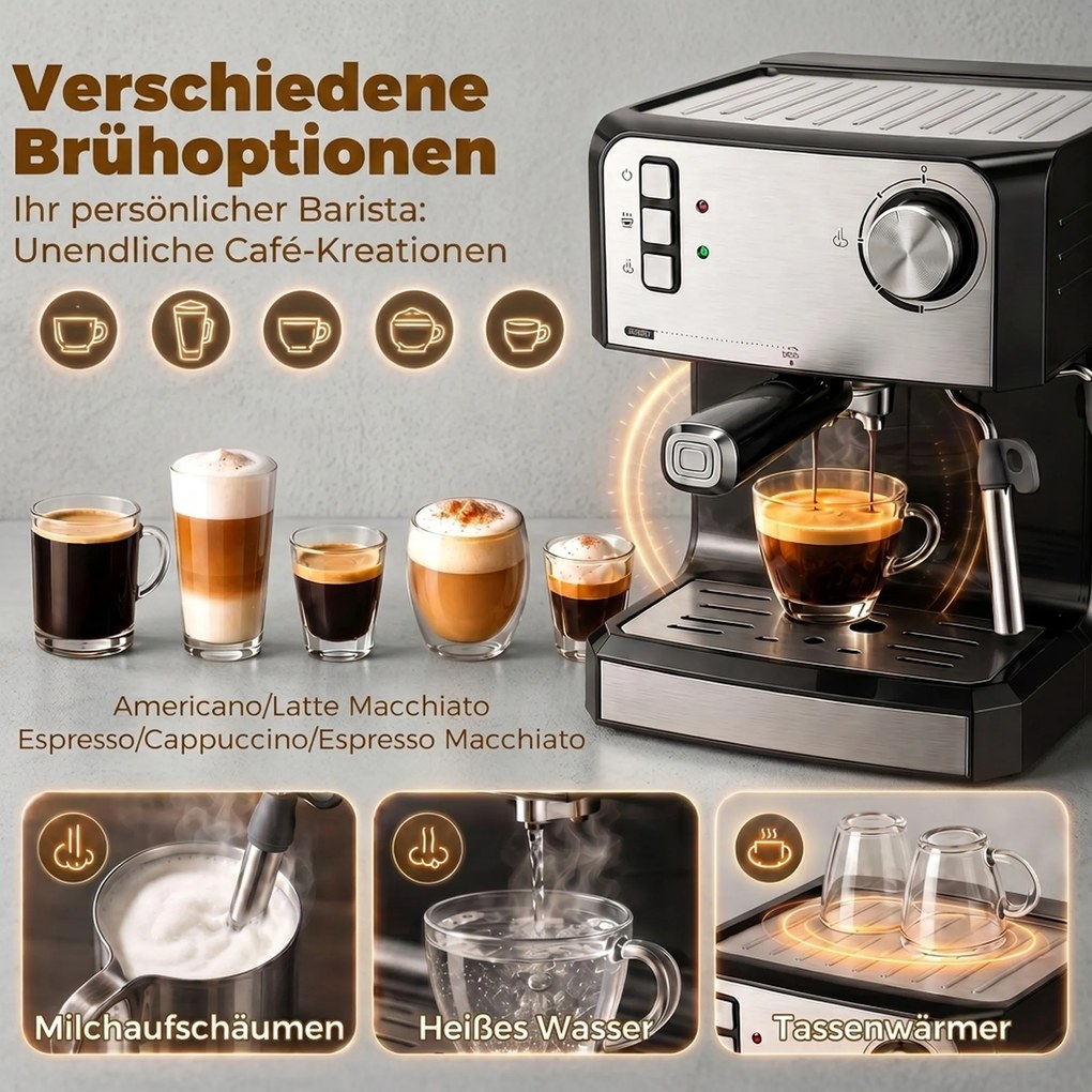 HOMCOM Espresso stroj, 20-bar kávovar s tryskou na našlehání mléka, 1,6 l nádrž na vodu, černý