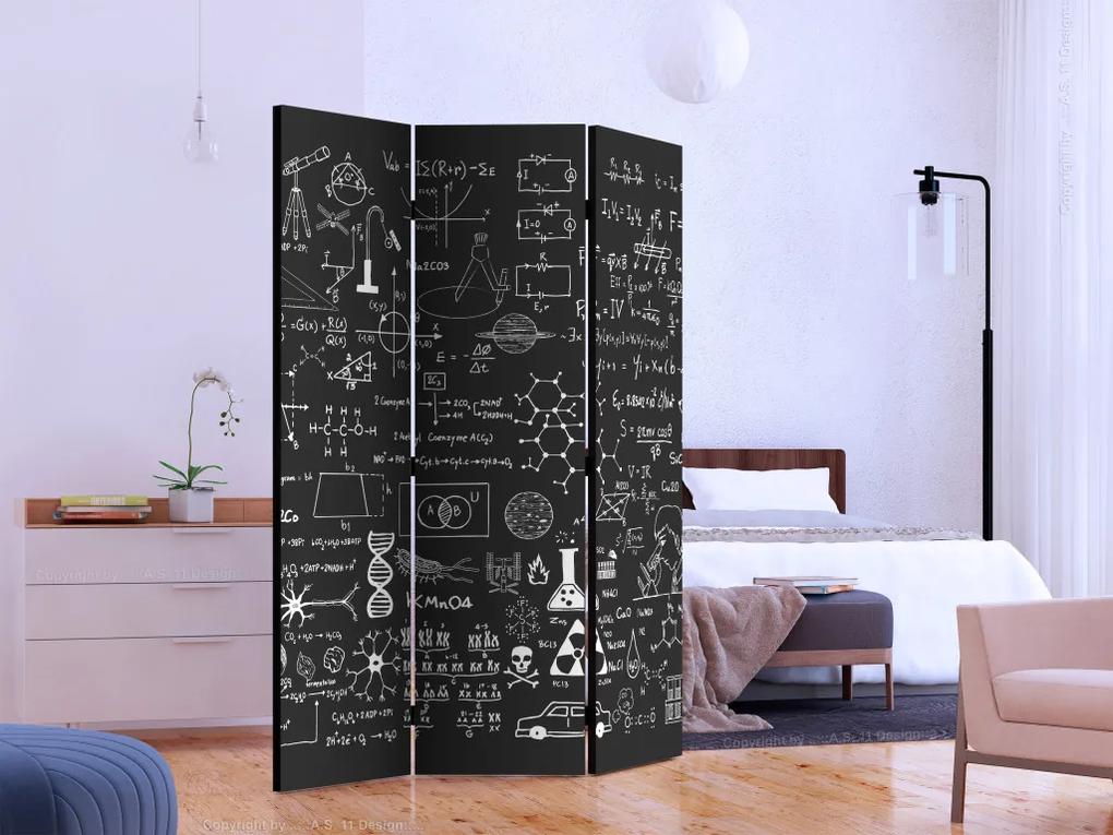 Pokojová zástěna Vědecká deska (3-dílný) - černobílá kompozice s nápisy