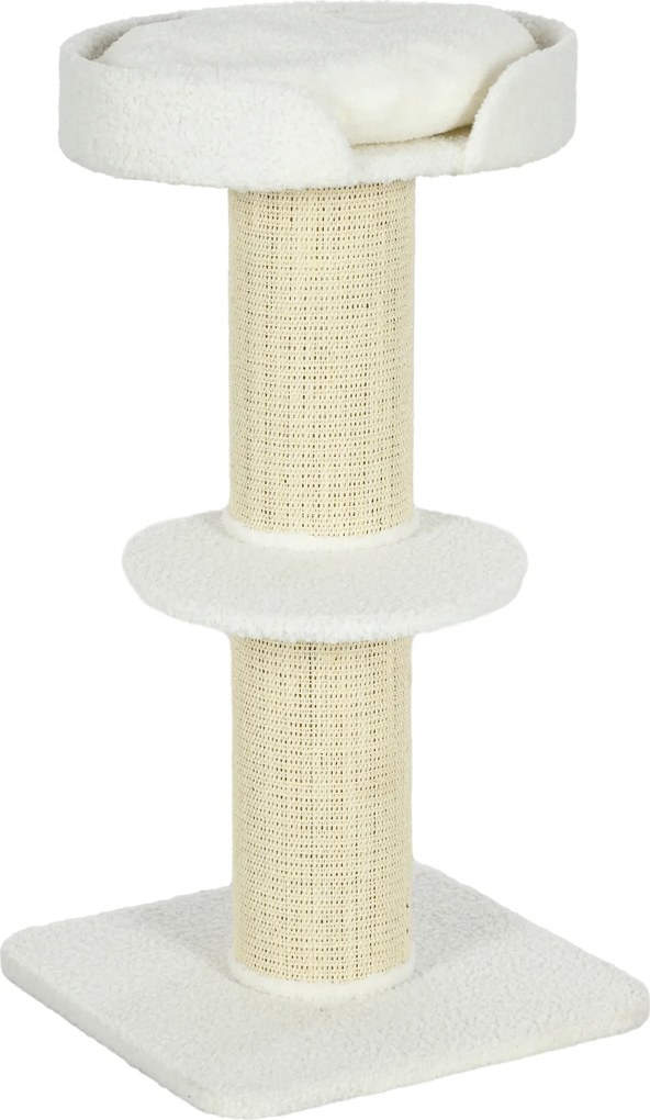 PawHut Kočičí škrabací strom Výška 91 cm 3-podlažní kočičí věž s odpočinkovou platformou a sisalovým sloupem 45x45x91 cm Krémová