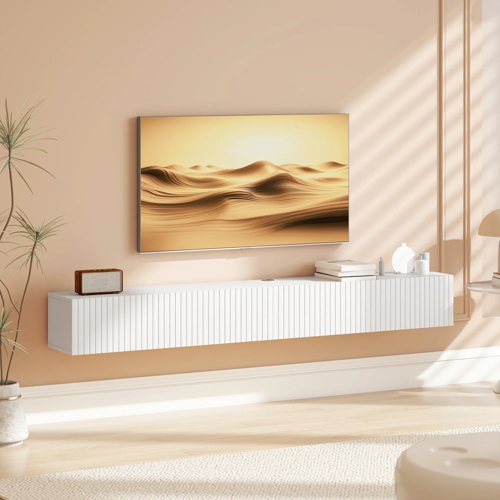 HOMCOM Zavěšený TV nábytek 180 cm, TV nábytek pro televizory až do 183 cm, 2 sklápěcí dveře, 180x25x22 cm, bílá