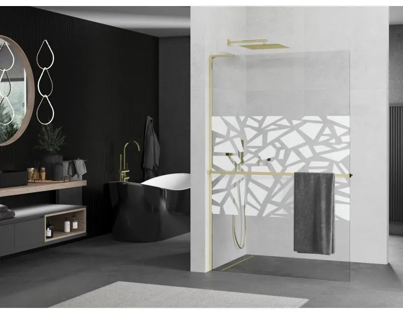 Mexen Kioto+ L, sprchová zástěna Walk-In s poličkou a ramínkem 110 x 200 cm, 8mm čiré sklo bílý vzor, zlatý lesklý profil, 800-110-123-50-85