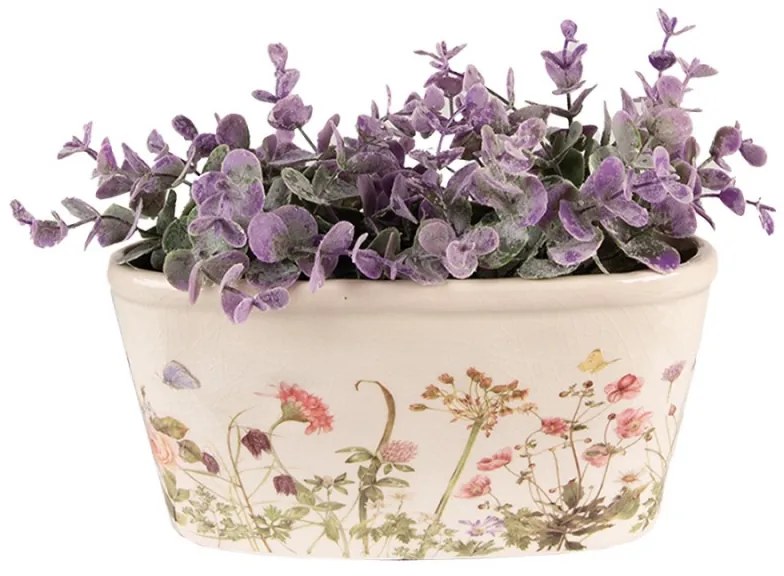 Béžový keramický oválný obal na květináč s kytičkami a motýly Flowers of Love – 23x10x11 cm